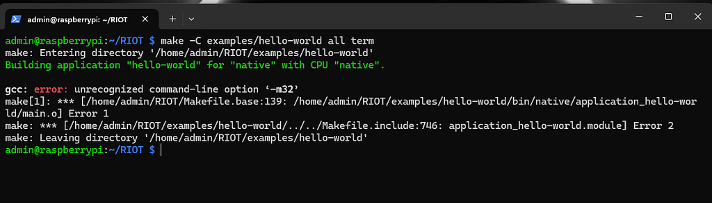Failure compling RIOT example app as native in Raspberry Pi 4 ...